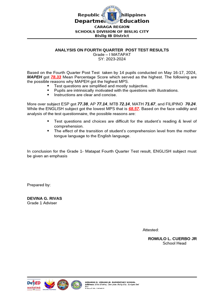 Analysis On Fourth Quarter Post Test Results | PDF