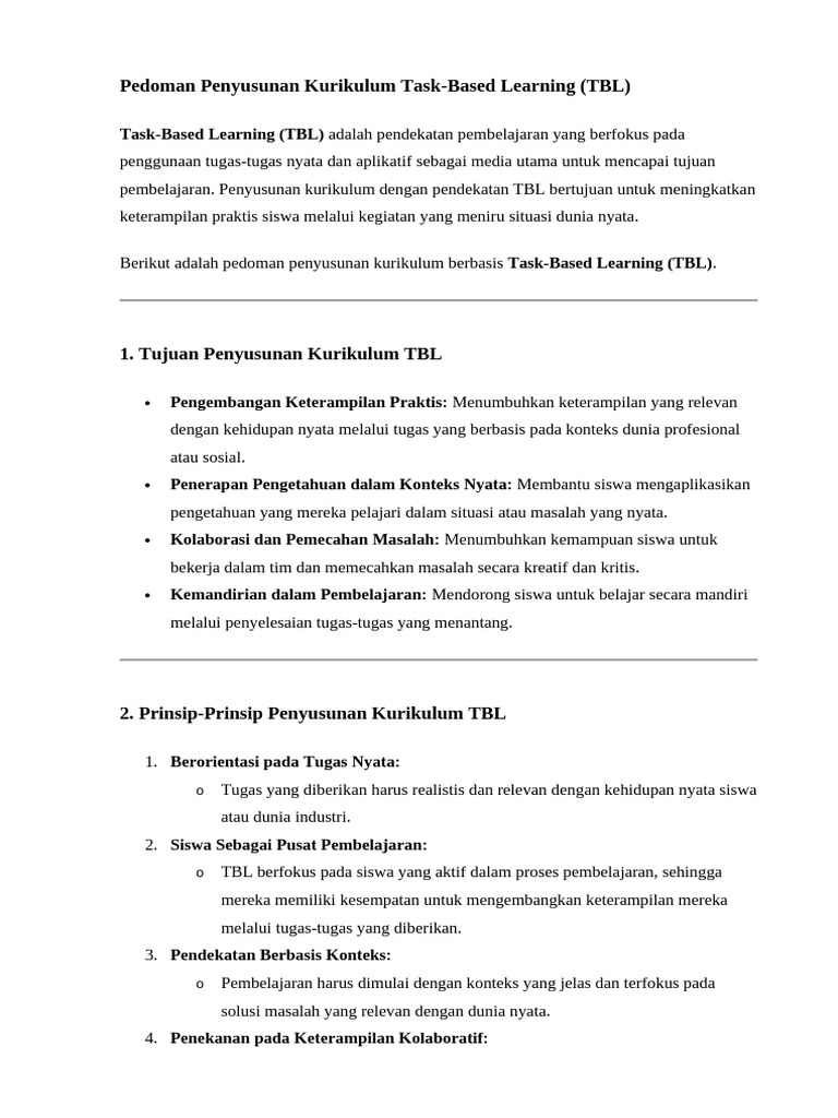 Pedoman Penyusunan Kurikulum Task Based Learning | PDF