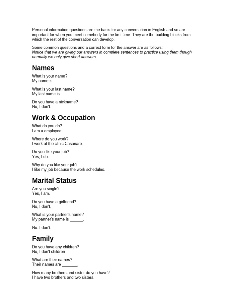 Personal Information Questions Guide | PDF