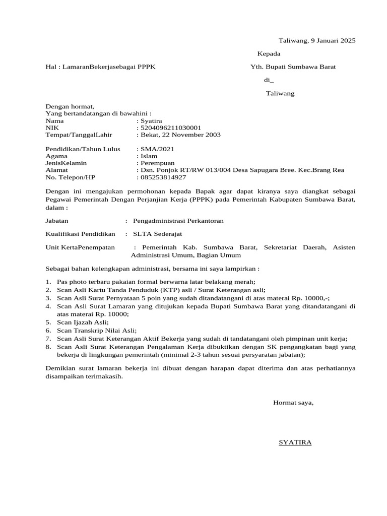 CONTOH SURAT LAMARAN PPPK 2024 1 | PDF