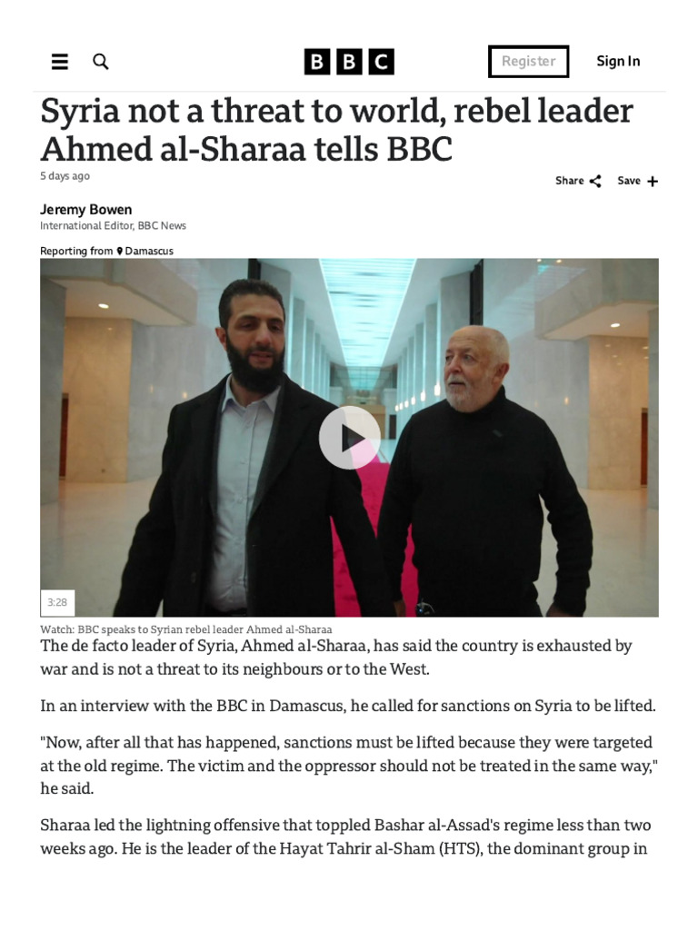 Syria Not A Threat To World, HTS Leader Ahmed Al-Sharaa Tells BBC | PDF ...