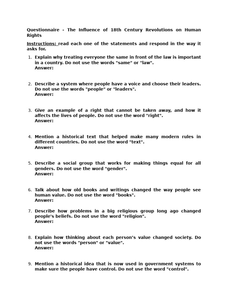Questionnaire - The Influence of 18th Century Revolutions on Human ...