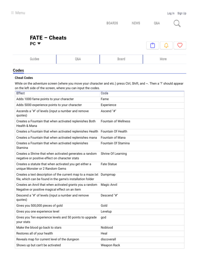 FATE Cheats, Codes, and Secrets For PC - GameFAQs | PDF | Video Game Gameplay | Role Playing ...