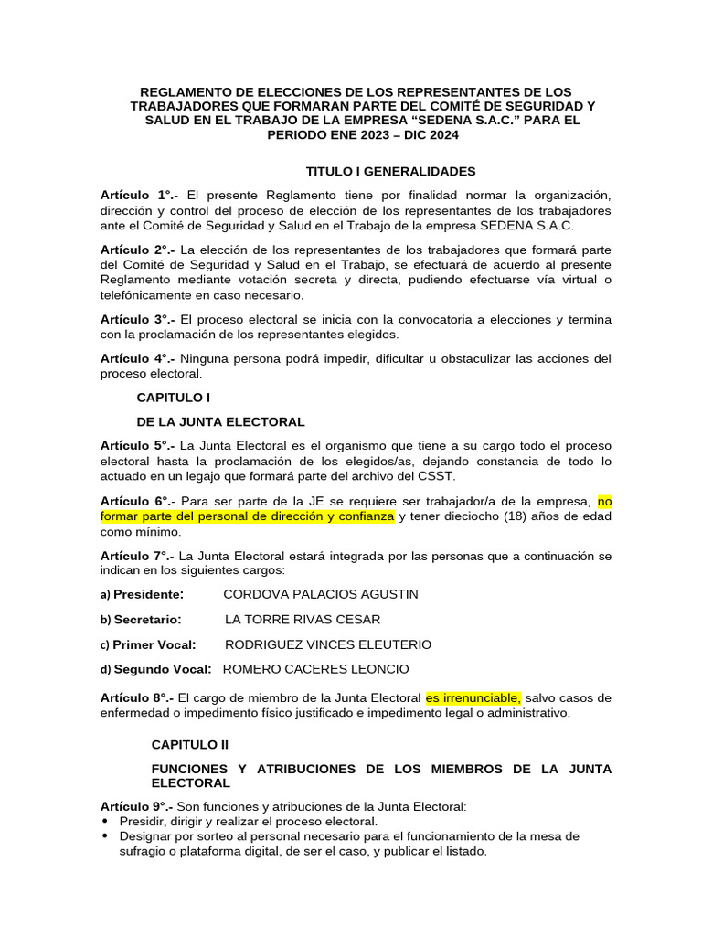 Reglamento CSST SEDENA S.A.C. | PDF | Votación | Elecciones