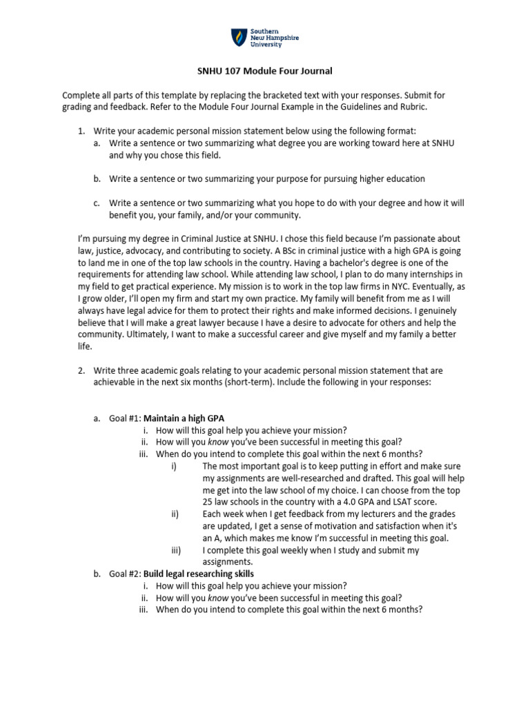 SNHU 107 Module Four Journal | PDF | Goal