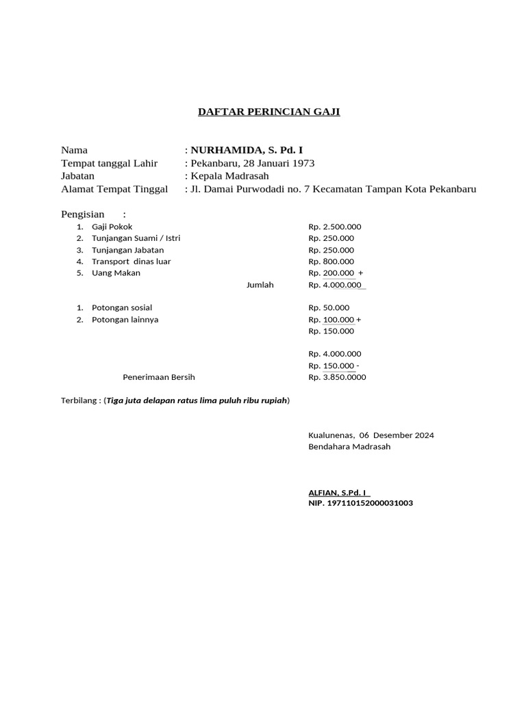 Rincian Gaji Kepala Madrasah Nurhamida | PDF