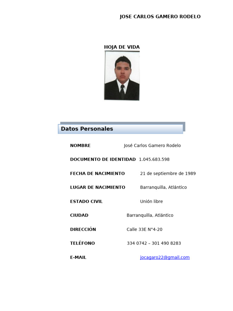 Datos Personales: Jose Carlos Gamero Rodelo | PDF | Business | Negocios ...
