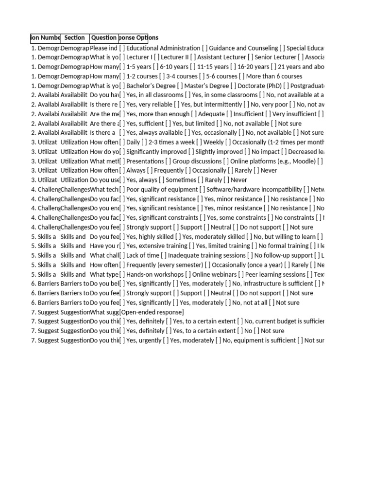 Expanded Questionnaire Instructional Media Section Numbered | PDF ...