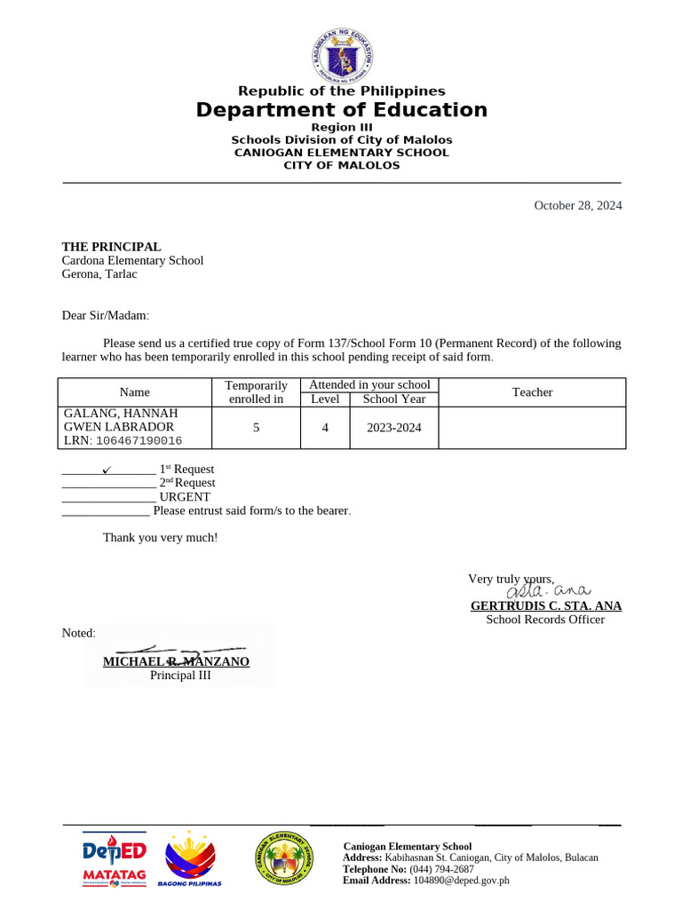 REQUEST LETTER FOR SF10_LOMOTAN, AVHEN J BERNARDO | PDF