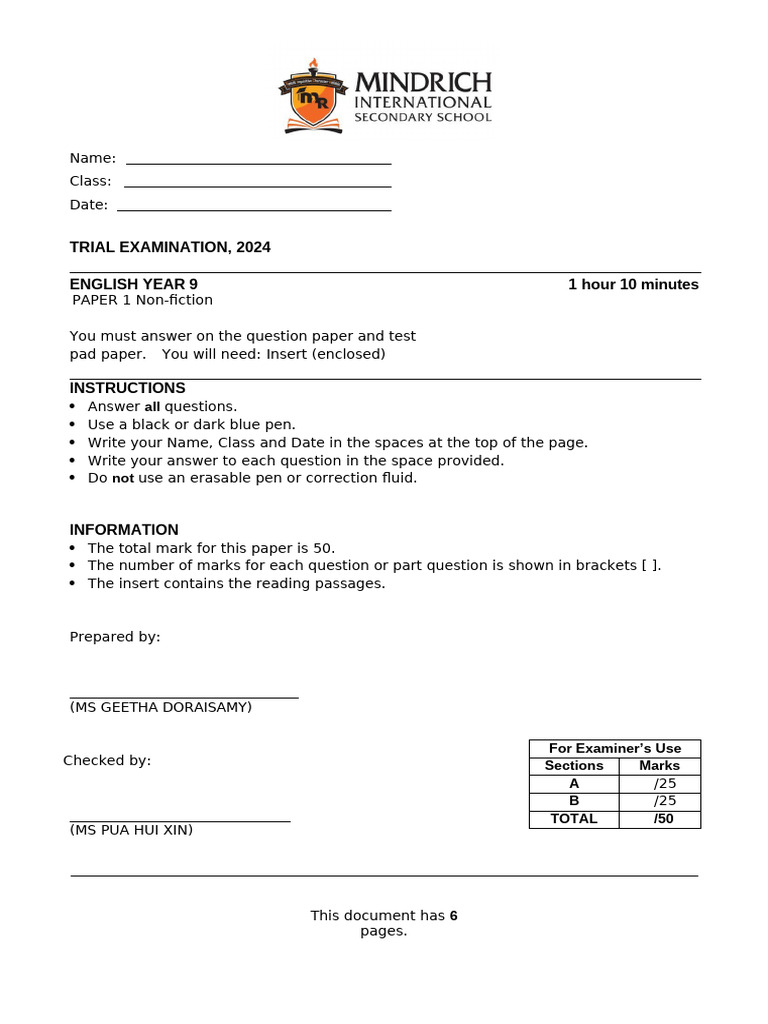 Y9 Eng P1 Questions Cover Page (2) | PDF