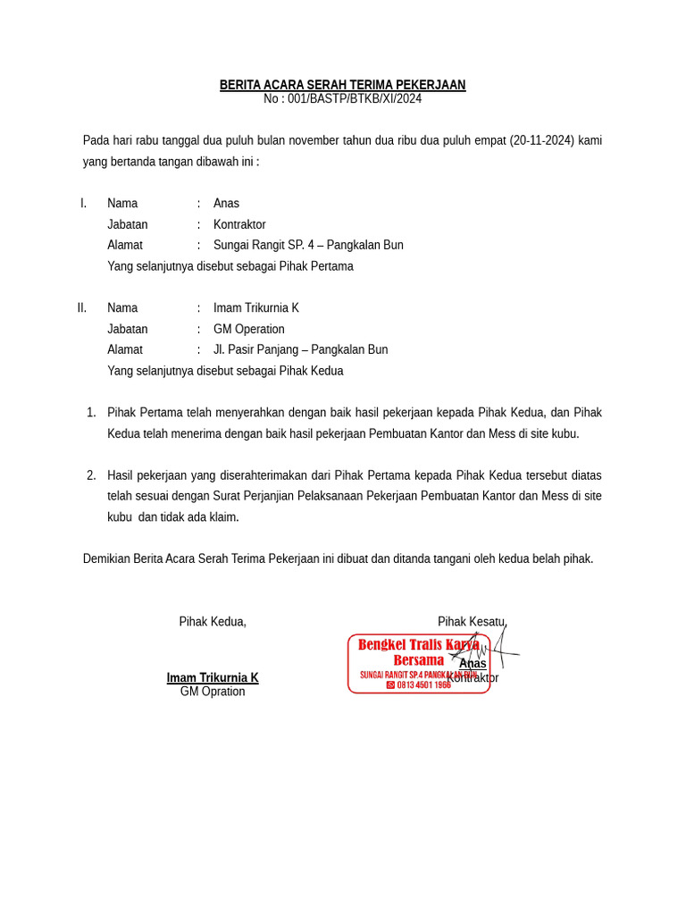 Berita Acara Serah Terima Pekerjaan | PDF