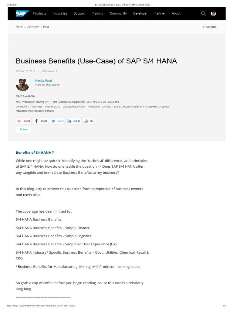 Business Benefits (Use-Case) of SAP S_4 HANA _ SAP Blogs | PDF | Supply ...