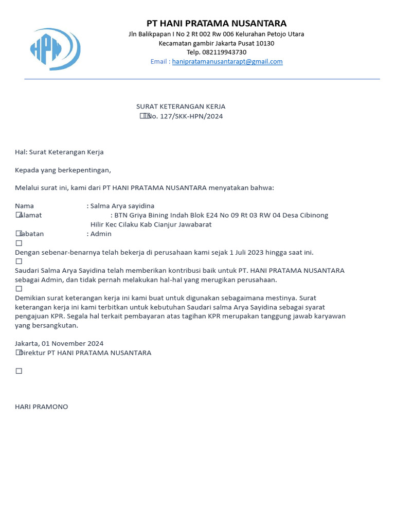 Surat Ket Kerja | PDF