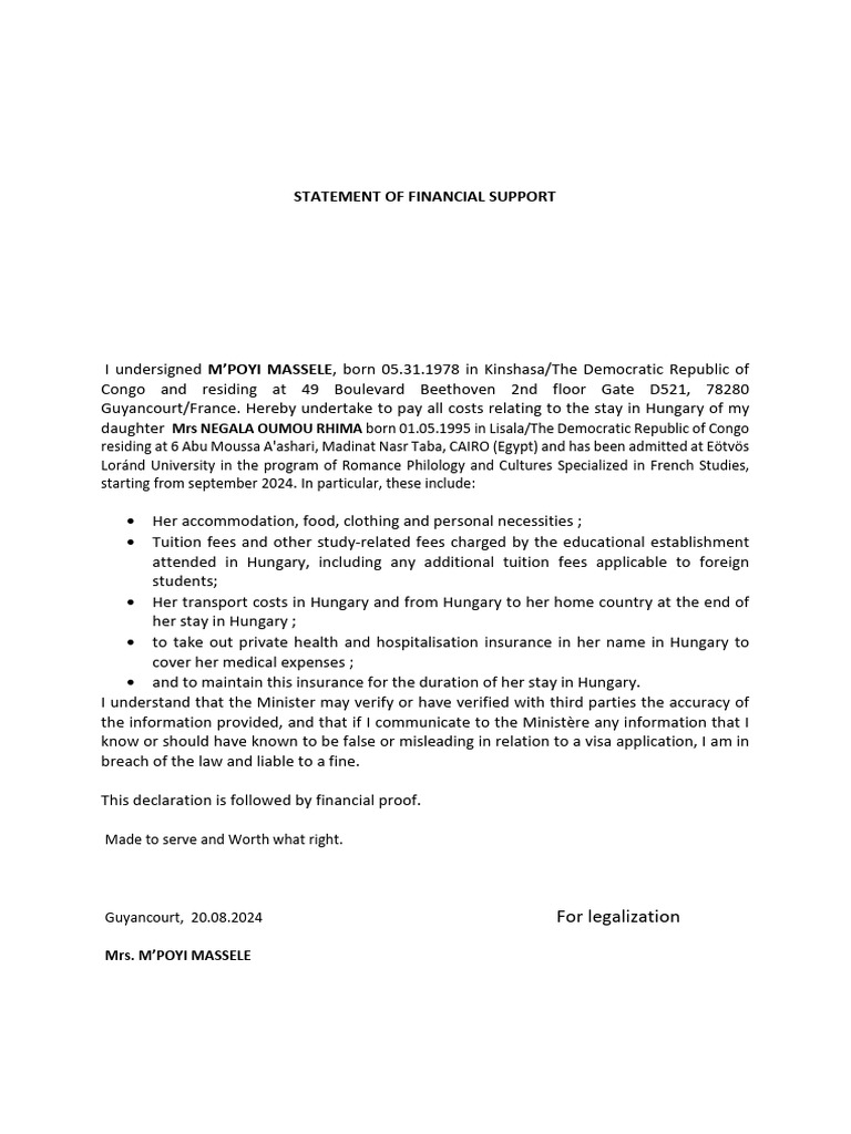 Financial Support Statement for Visa | PDF