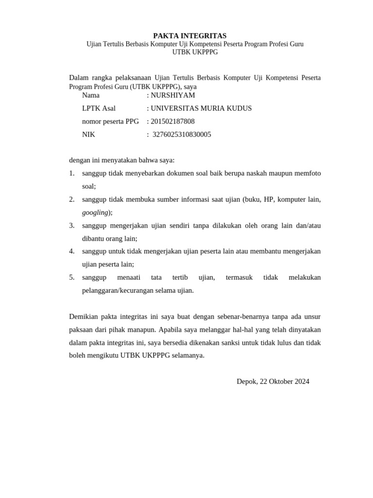 Pakta Integritas UTBK UKPPPG | PDF