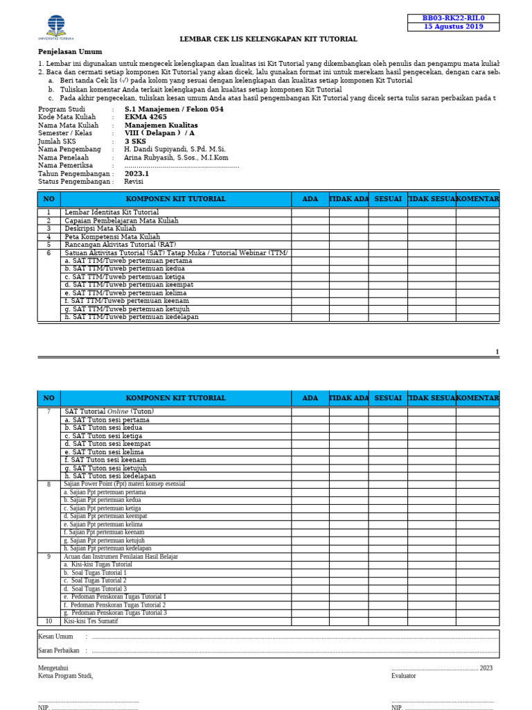 Lembar Cek Lis Kelengkapan Kit Tutorial | PDF