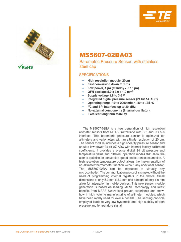 Eng Ds Ms5607-02ba03 b4 大气压传感器 补偿用 | PDF | Measuring Instrument