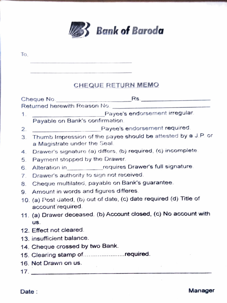 Bank of Baroda Cheque Return Memo | PDF
