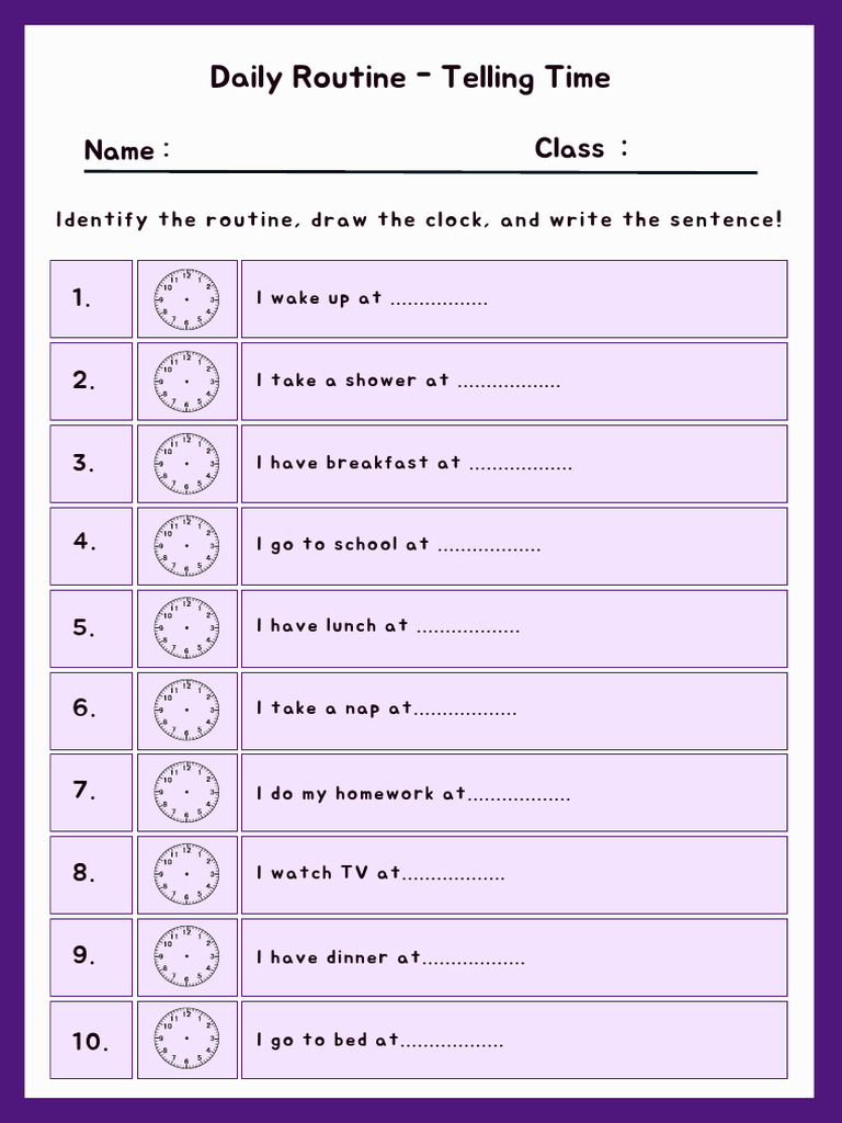 Telling Time English Worksheet in Simple Style. | PDF