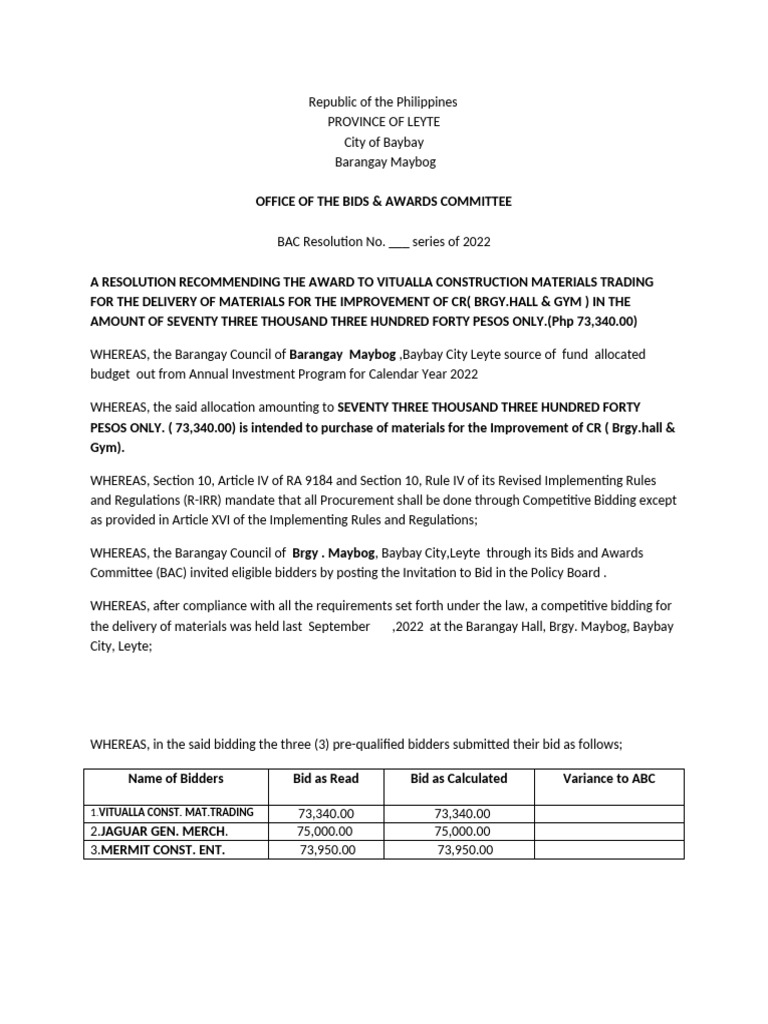 BAC Resolution Recommending The Award | PDF