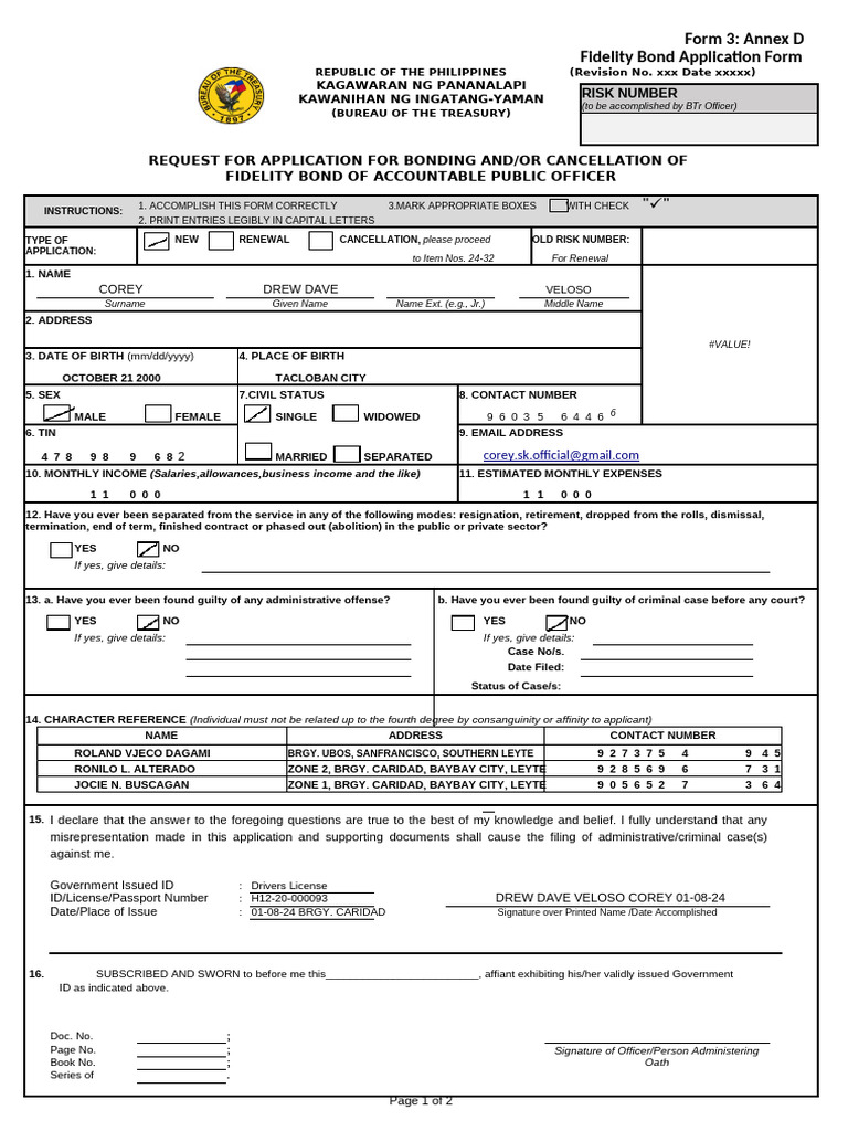 Fidelity Bond Application Form FBAF 1 | PDF