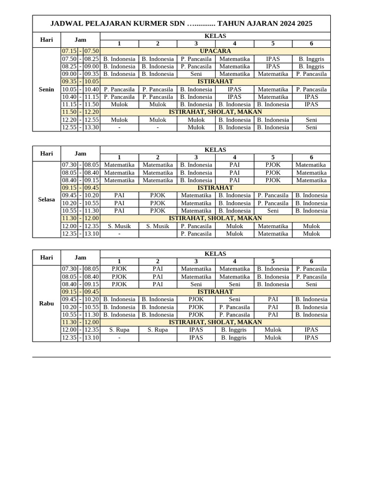Jadwal Pelajaran Kurmer & K13 (5 Hari Kerja) 2024 (1) | PDF