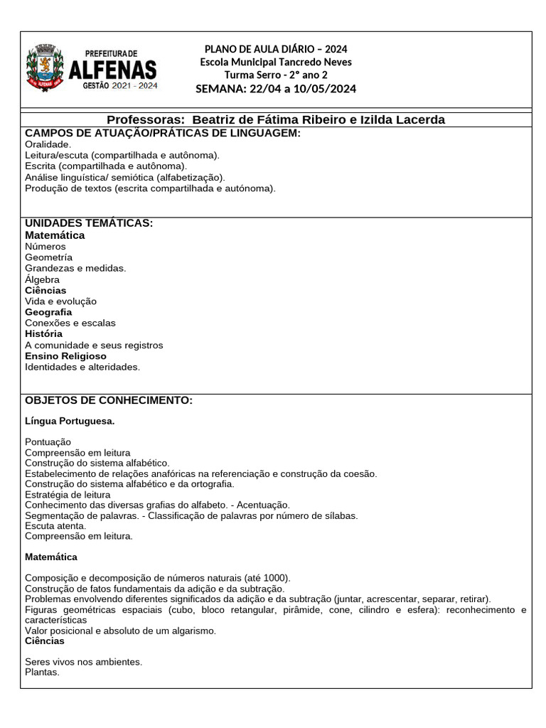 Plano de Aula Diário | PDF | Alfabetização | Matemática
