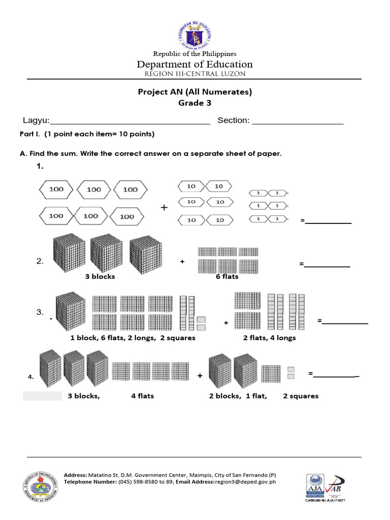 Grade 3 Project an Assessment Tool Pre Test | PDF