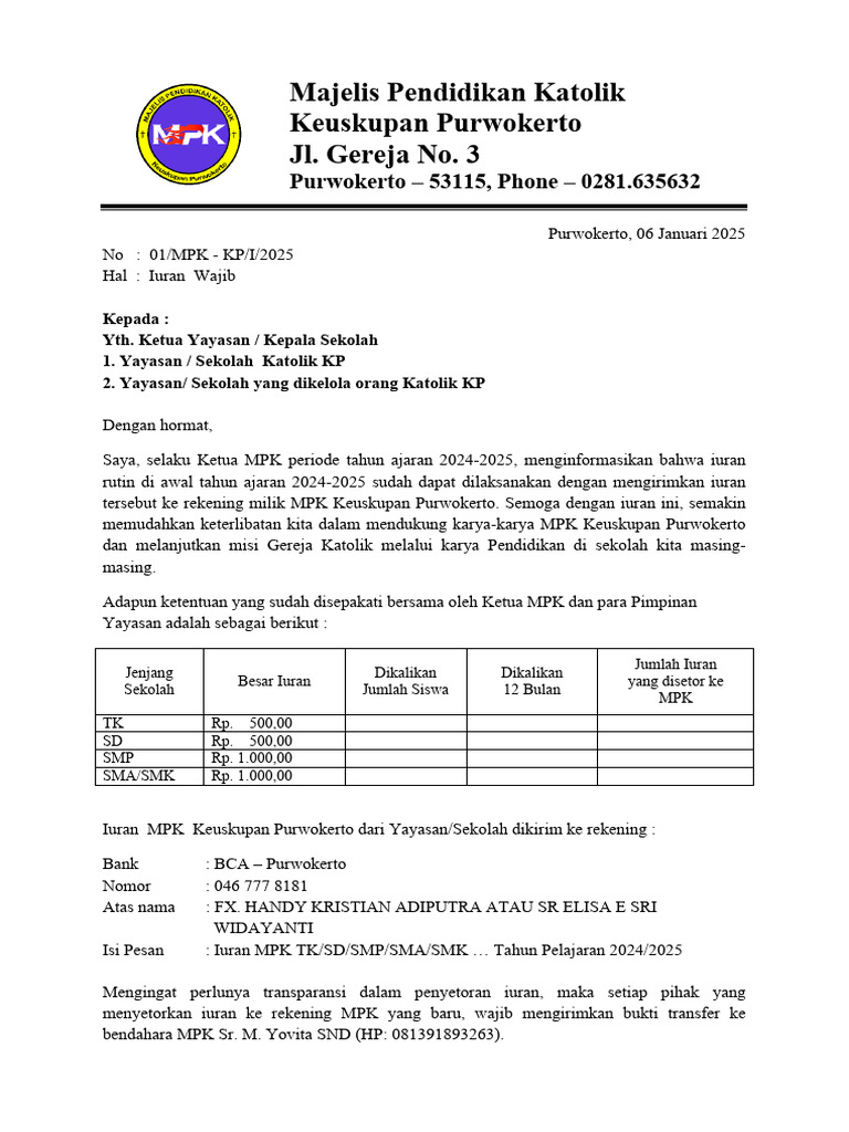 01MPK - KPI2025 Surat Edaran Ketua MPK KP Tentang Iuran Sekolah-Sekolah | PDF