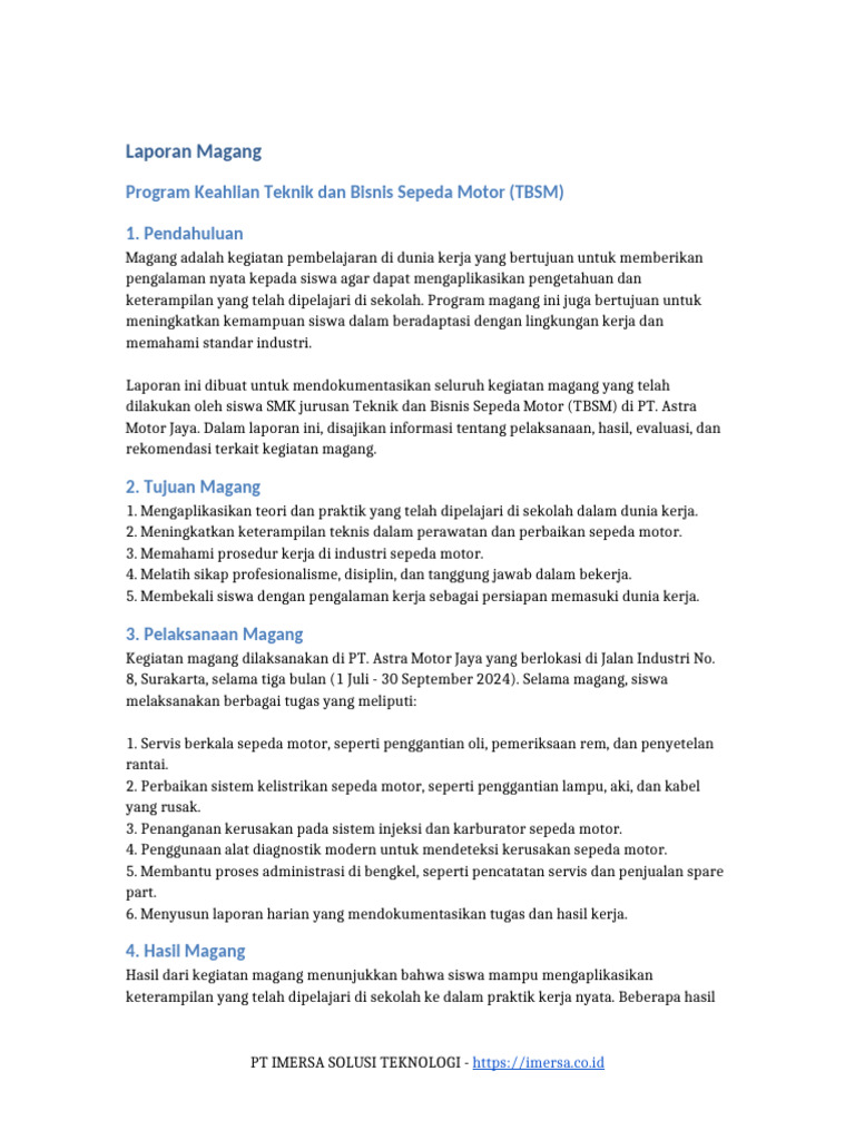 Contoh Laporan Magang SMK TBSM | PDF