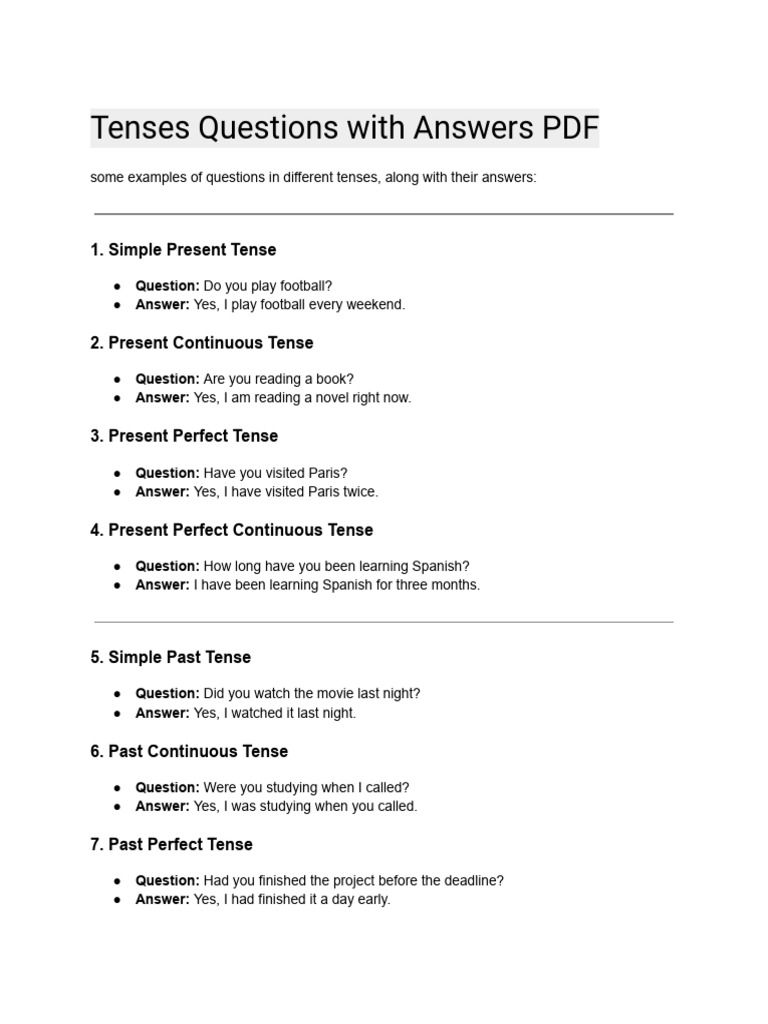 Tenses Questions With Answers PDF | PDF