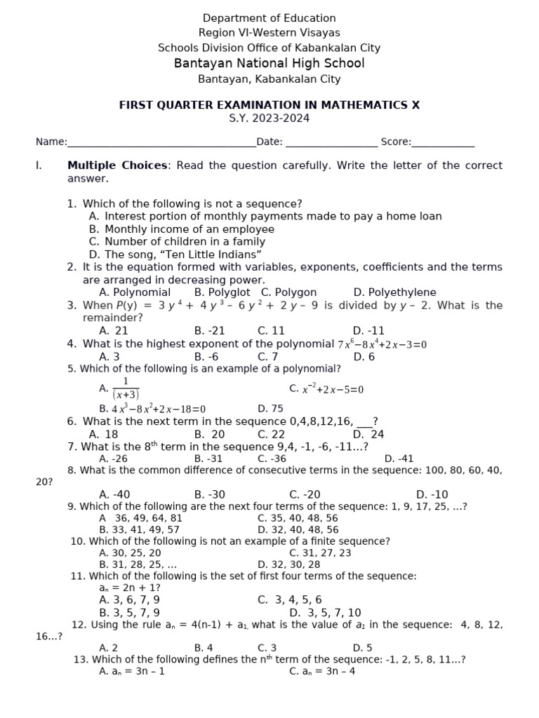 Math-10-First-Qtr.-2023 | PDF | Polynomial | Factorization