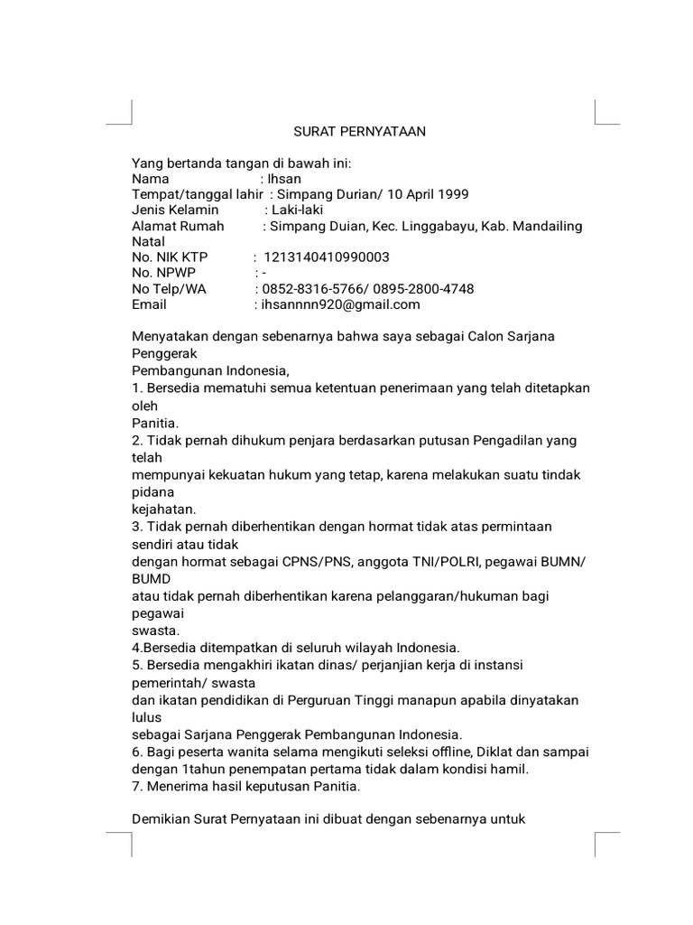Surat Pernyataan Sspi-1 | PDF