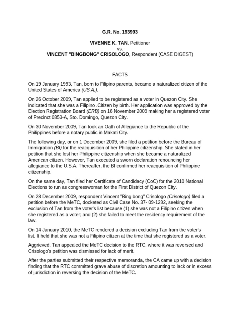 Voter Registration Case: Tan vs. Crisologo | PDF | Naturalization ...