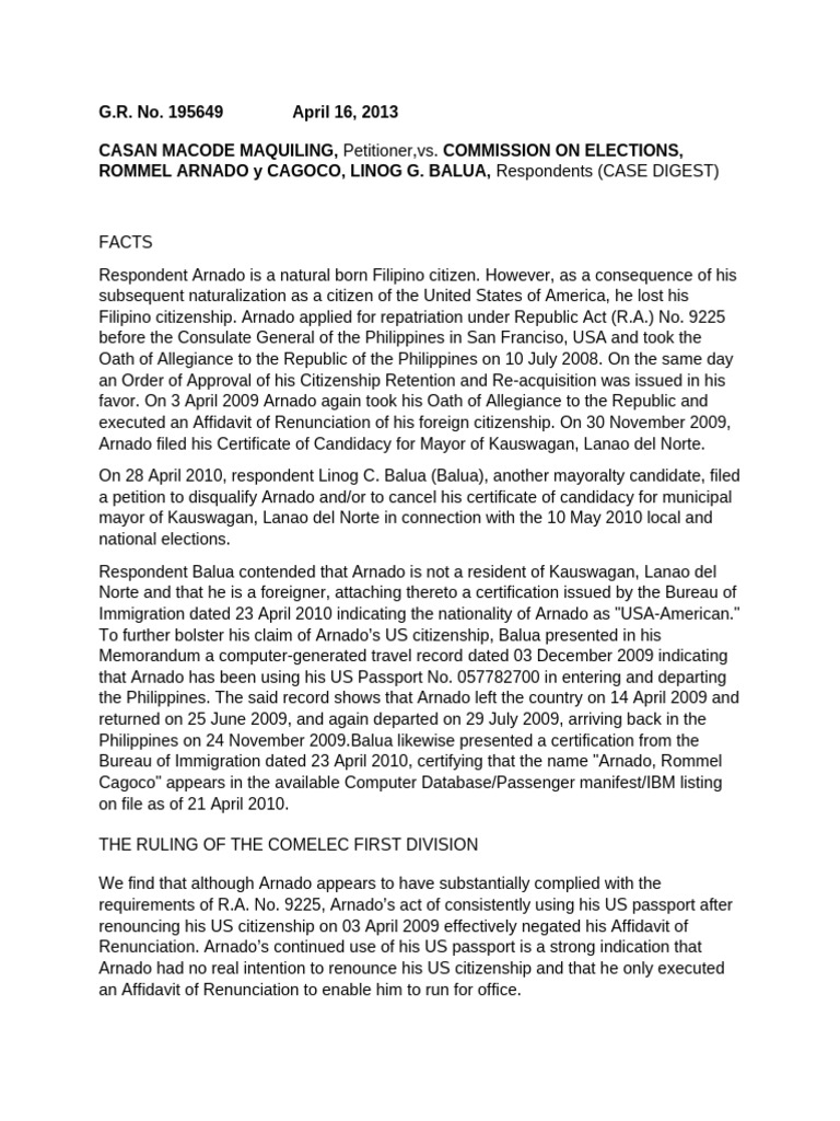 G.R. No. 195649 Casan Macode Maquiling vs COMELEC case digest | PDF ...