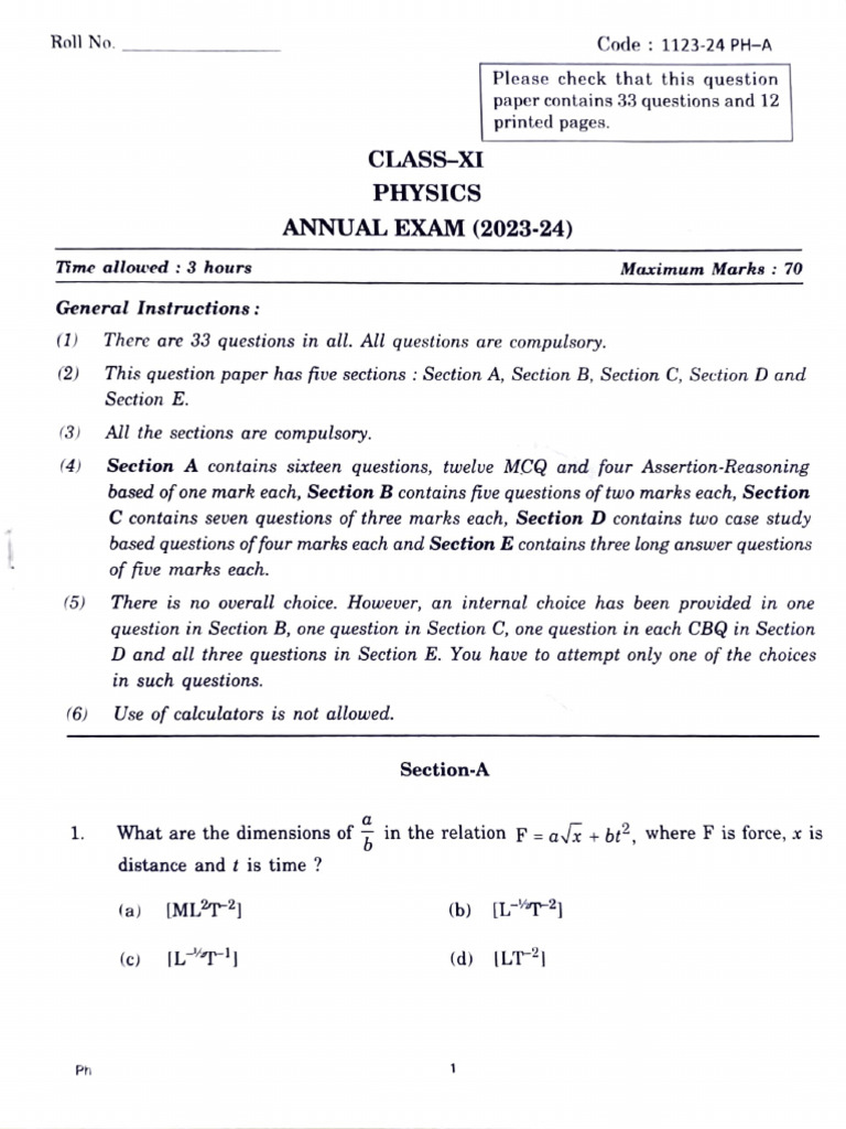 Physics Annual QP 2023-24 | PDF | Acceleration | Newton's Laws Of Motion