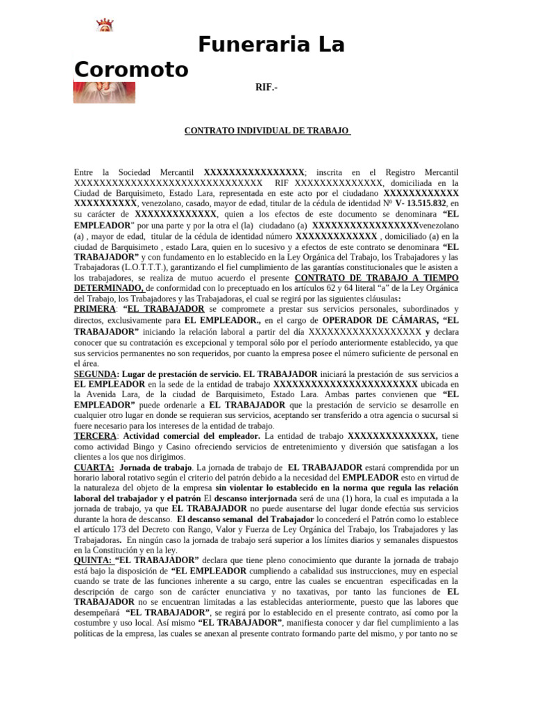 Contrato de Trabajo Funeraria Coromoto | PDF | Derecho laboral | Salario