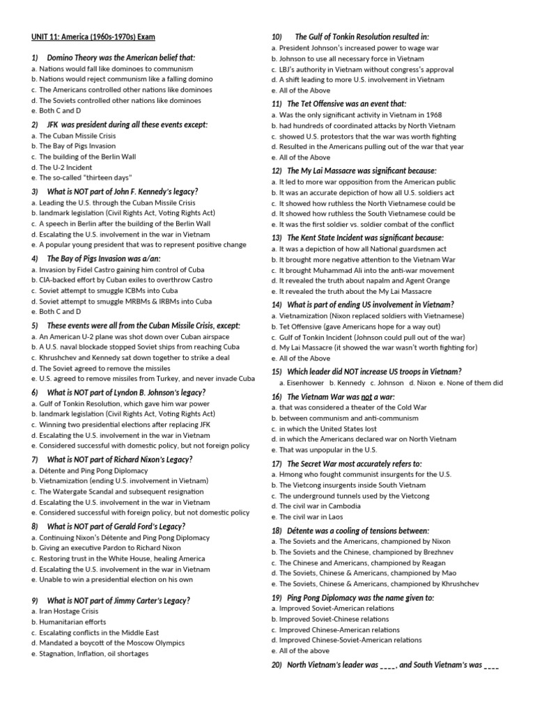 Unit 11 - 1960s-1970s America Exam | PDF | Vietnam War | Richard Nixon