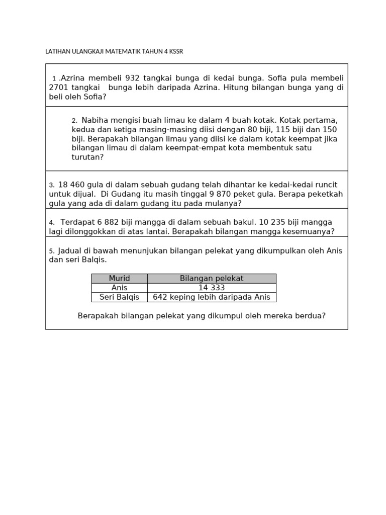 Latih-Tubi-Soalan-Latihan-Matematik-Tahun-4-Cuti-Bulan-Mac-2 | PDF