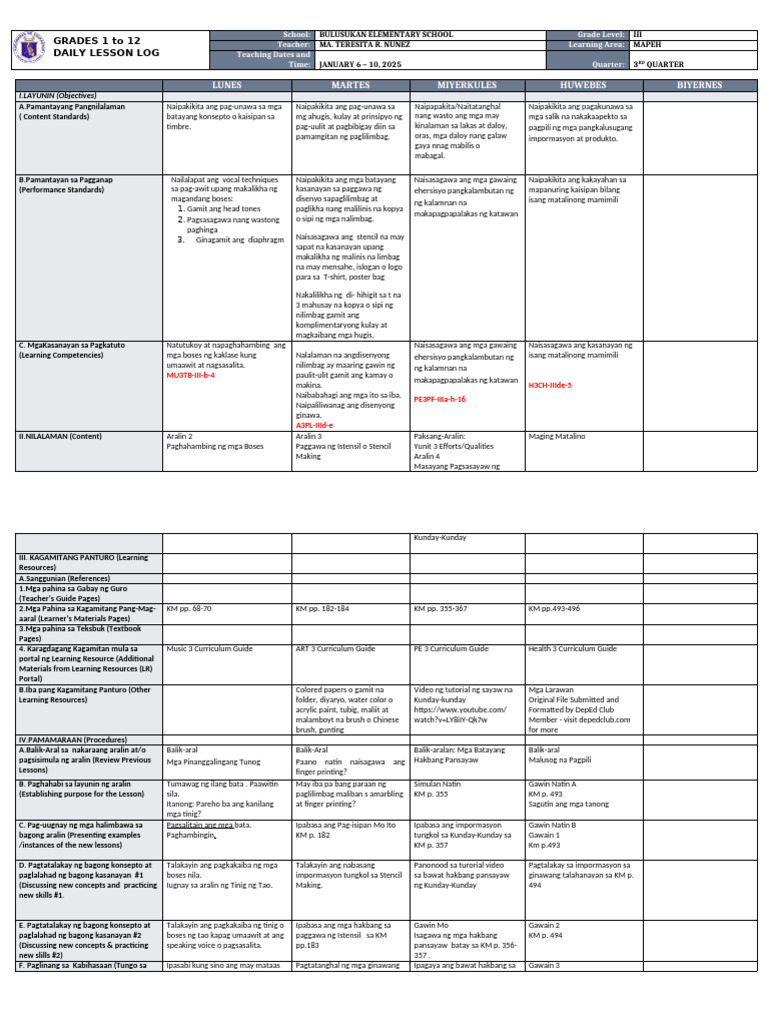 DLL - Mapeh 3 - Q3 - W5 | PDF