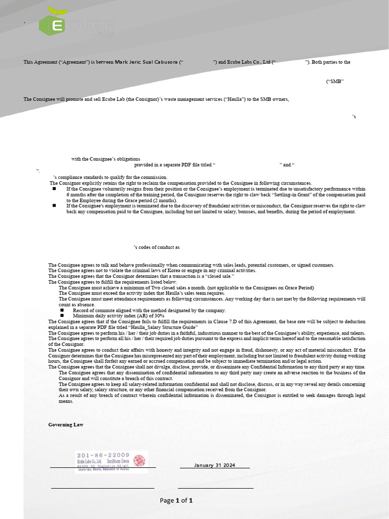 Haulla Sales Rep. Employment Contract 240131 Mark Jeric Sual Cabusora | PDF | Employment | Salary