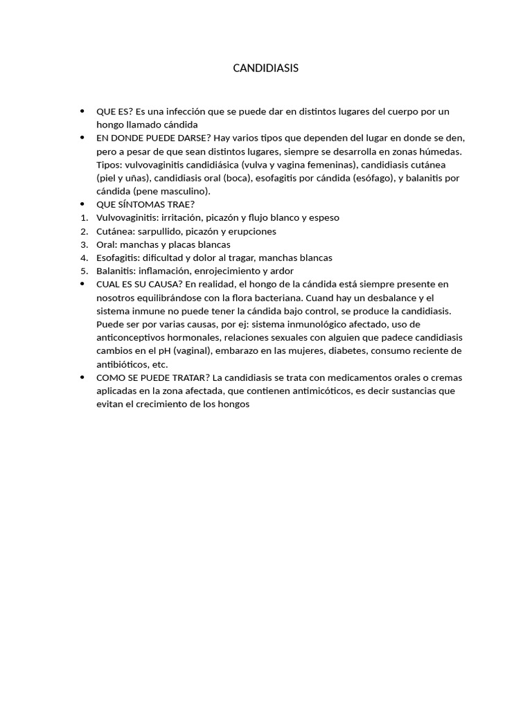 Candidiasis: Tipos, Síntomas y Tratamiento | PDF