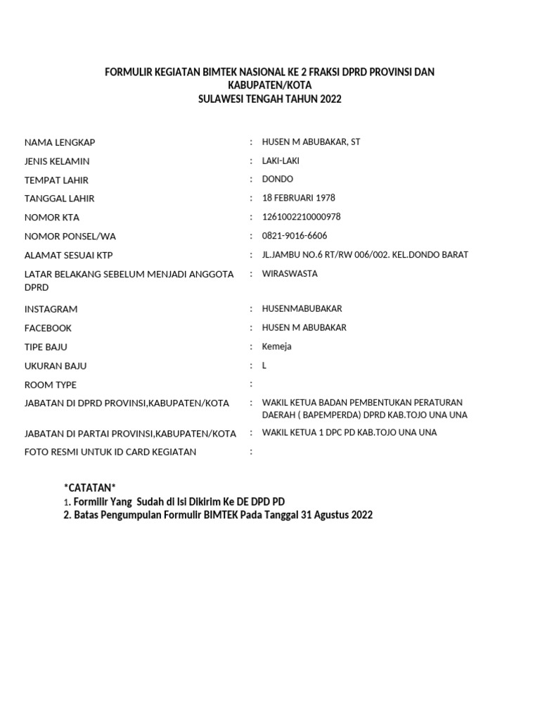 Formulir Kegiatan Bimtek Nasional Ke 2 Fraksi DPRD Provinsi | PDF