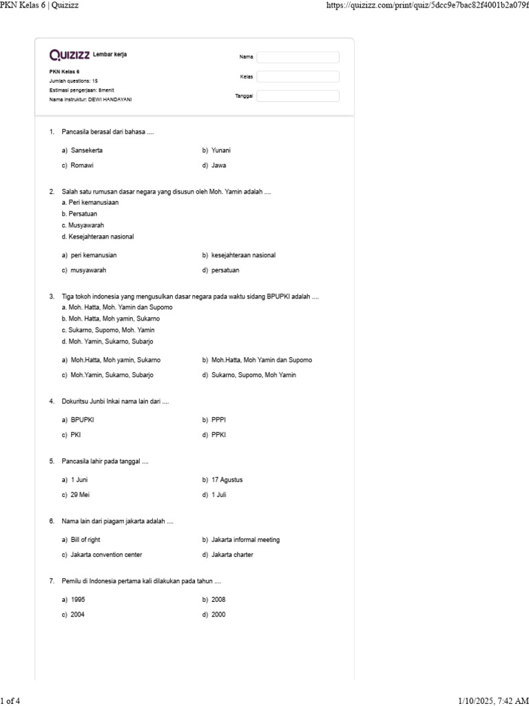 PKN Kelas 6 _ Quizizz | PDF