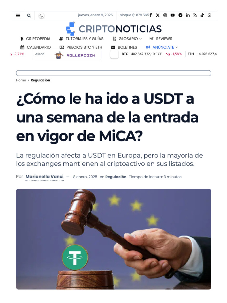 ¿Cómo Le Ha Ido A USDT A Una Semana de La Entrada en Vigor de MiCA | PDF | Bitcoin | Economias