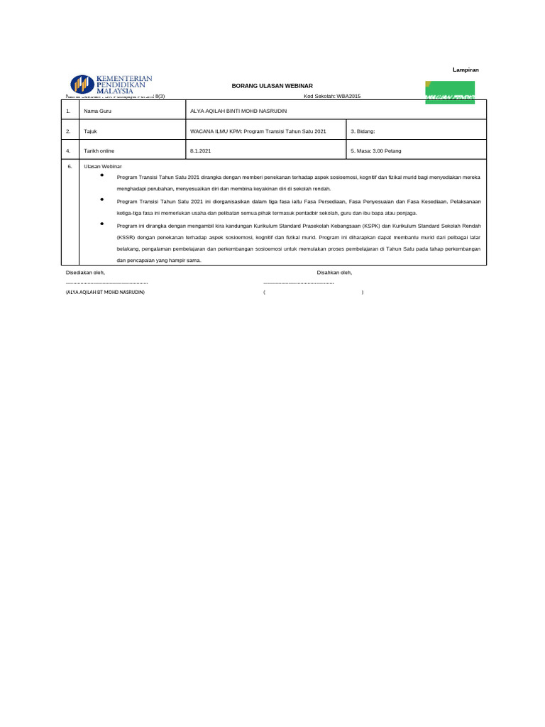 Borang Ulasan Webinar 2021 | PDF