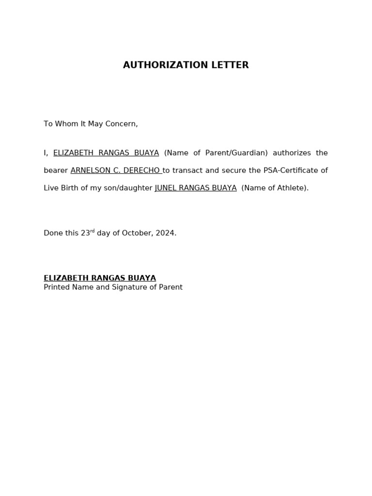 Authorization Letter Psa | PDF