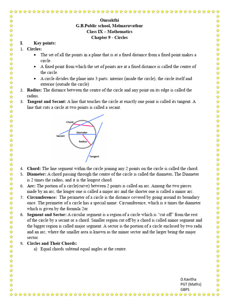 Class 9 Circles - Key Points | PDF | Circle | Trigonometry