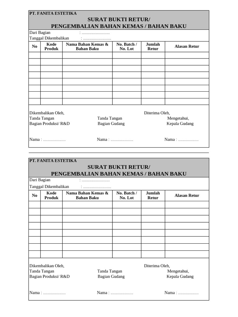 Surat Retus Retur (2 Rangkap, Reject 4 Rangkap) | PDF