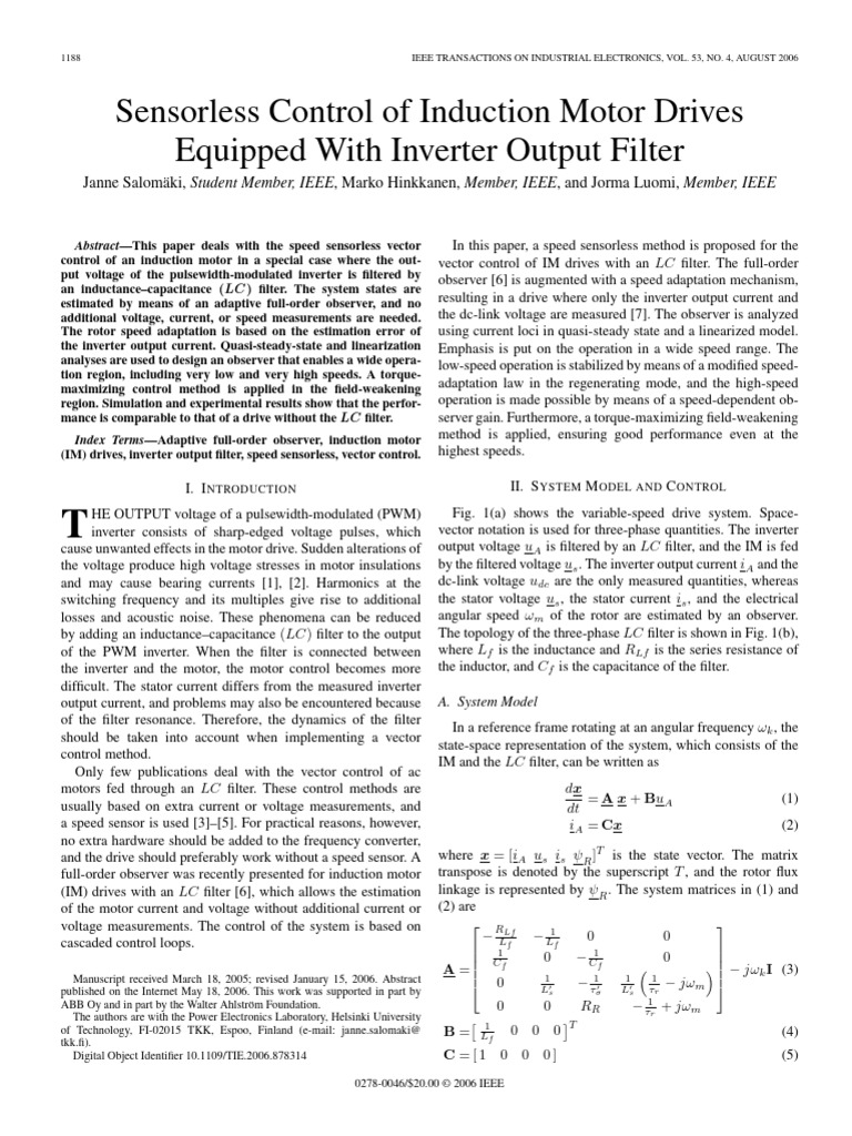 Salomaki 等 2006 Sensorless Control Of Induction Motor Drives Equip Pdf Electric Motor